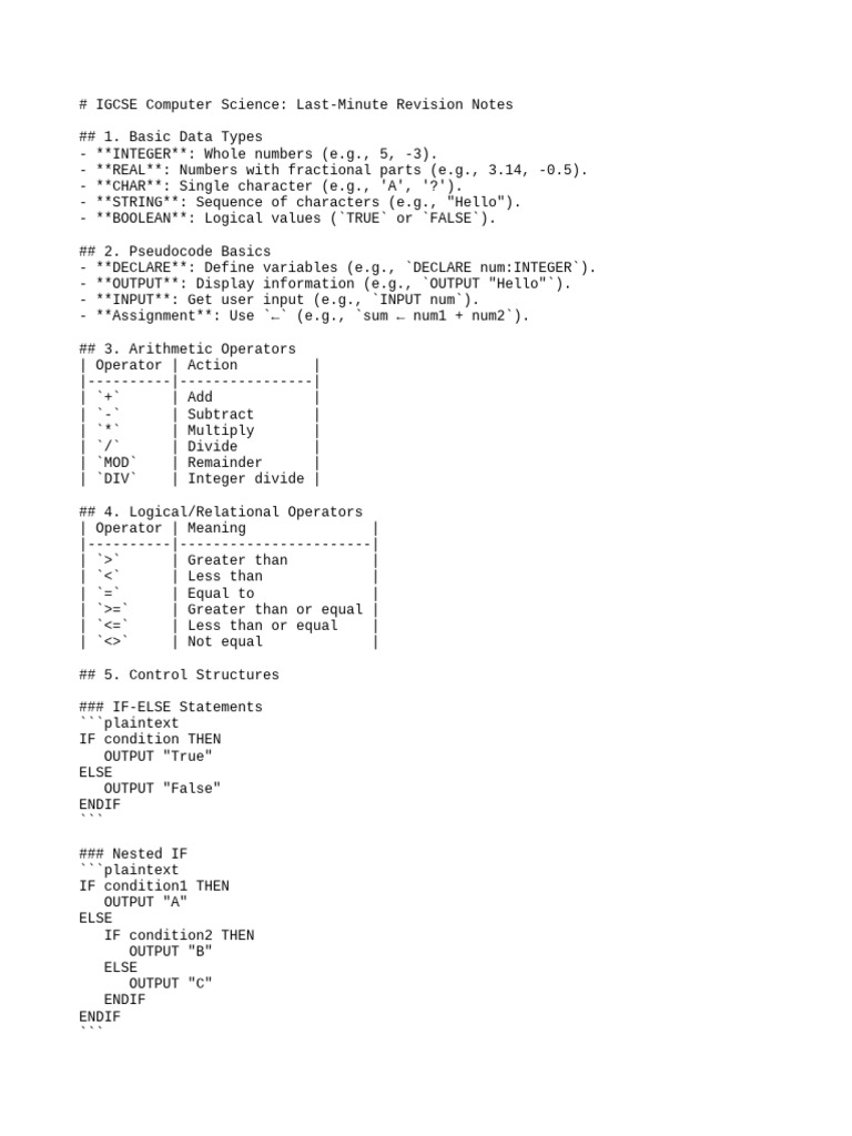 IGCSE Computer Science Revision Notes | PDF | Arithmetic | Computing