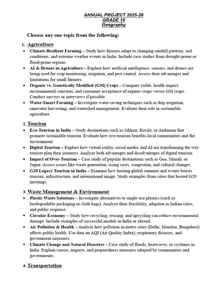 Grade 10 Geography Project Topics 2025 | PDF | Agriculture | Air Pollution
