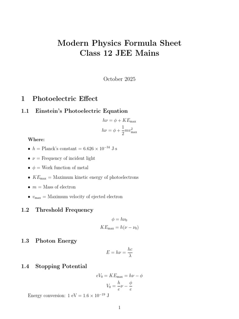 Modern Physics Formula SheetClass 12 JEE Mains | PDF | Electronvolt | Photoelectric Effect
