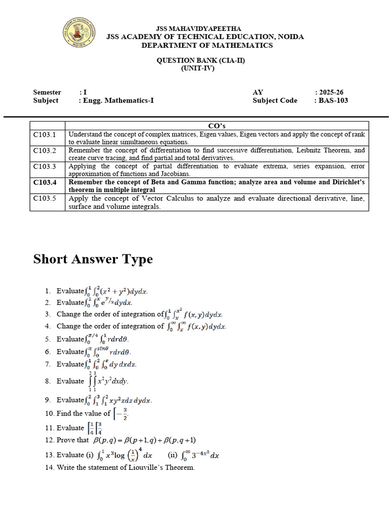 Engineering Mathematics I Question Bank | PDF | Derivative | Integral
