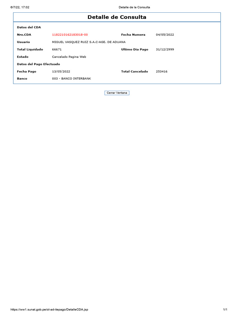 Detalle de Consulta de Pago CDA 1182210162183018 | PDF