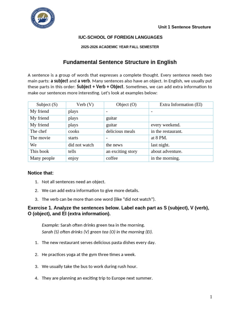 Unit 1 - Sentence Structure | PDF | Subject (Grammar) | Verb