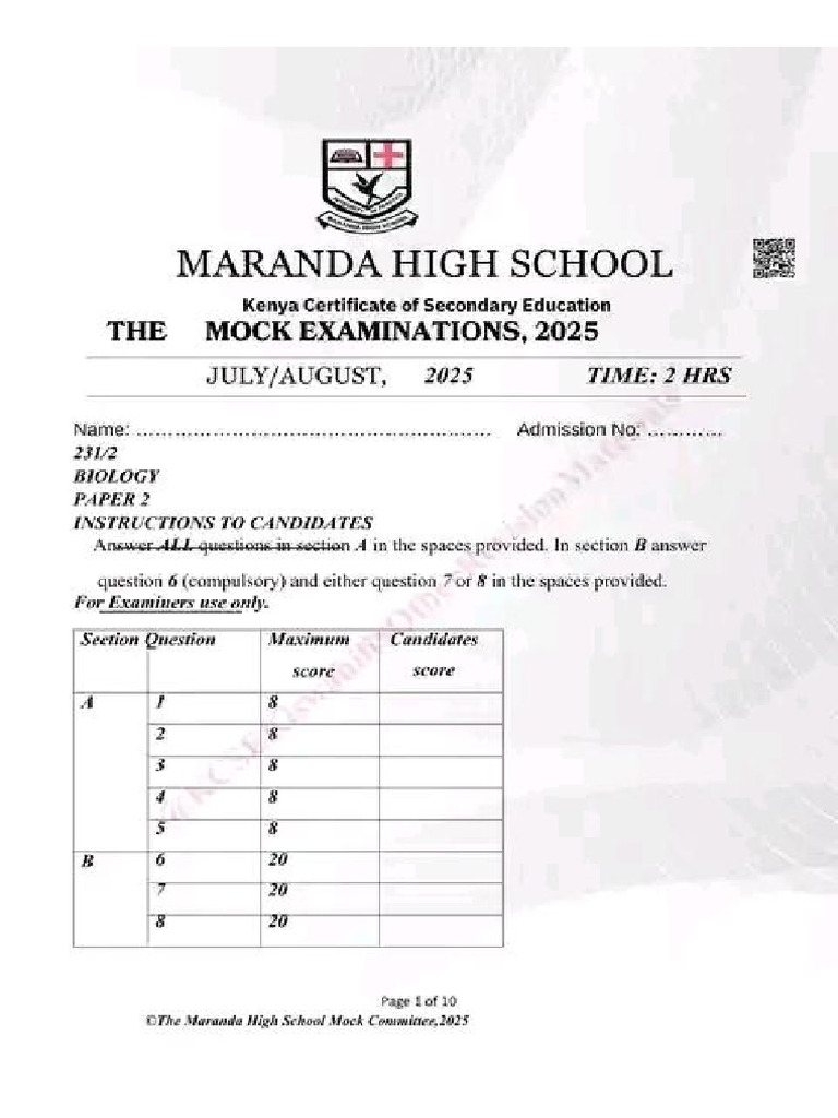 Maranda High School Biology Paper 2 | PDF