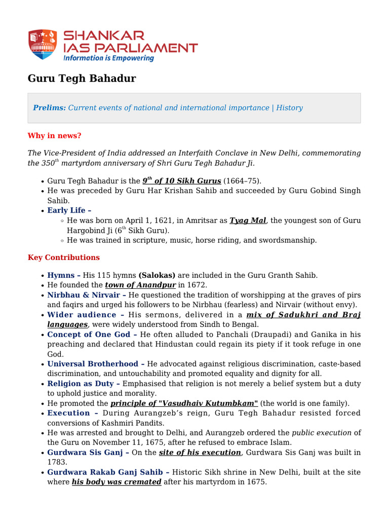 Guru Tegh Bahadur: Legacy and Martyrdom | PDF | Indian Religions | Punjab