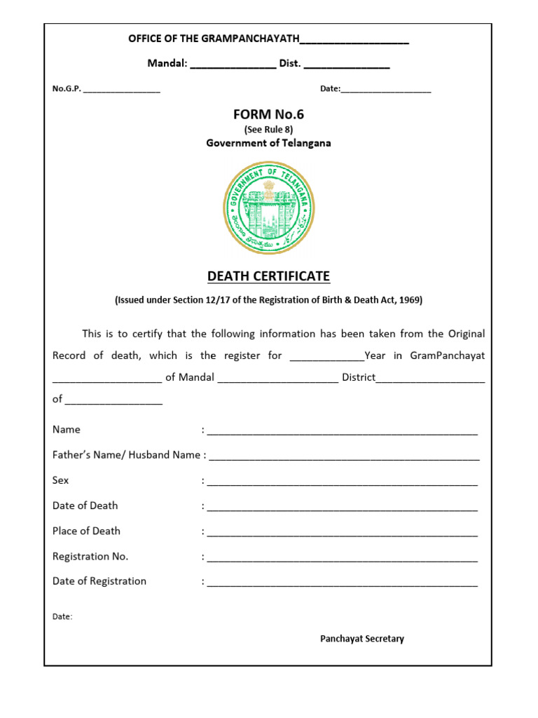 Telangana Death Certificate Template | PDF