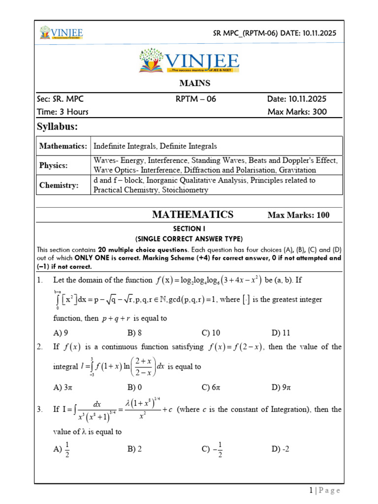 SR - Mains - (RPTM-06) Doe - 10.11.2025 | PDF | Waves | Polarization ...
