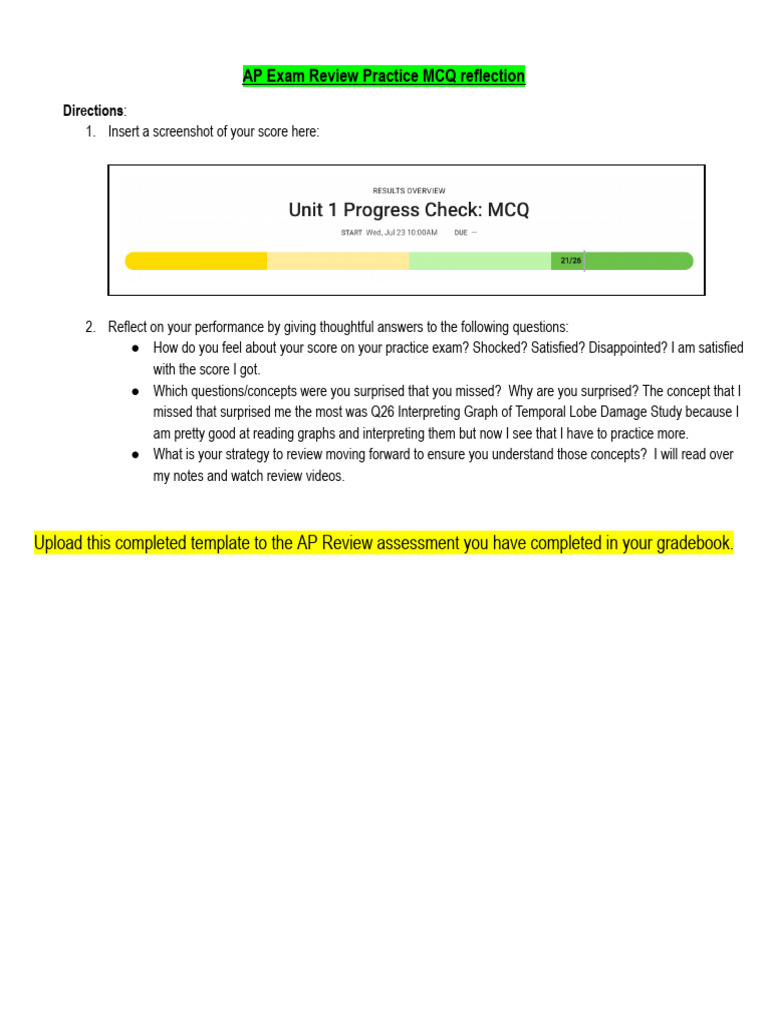 AP Review 7 Practice MCQ Student Reflection | PDF