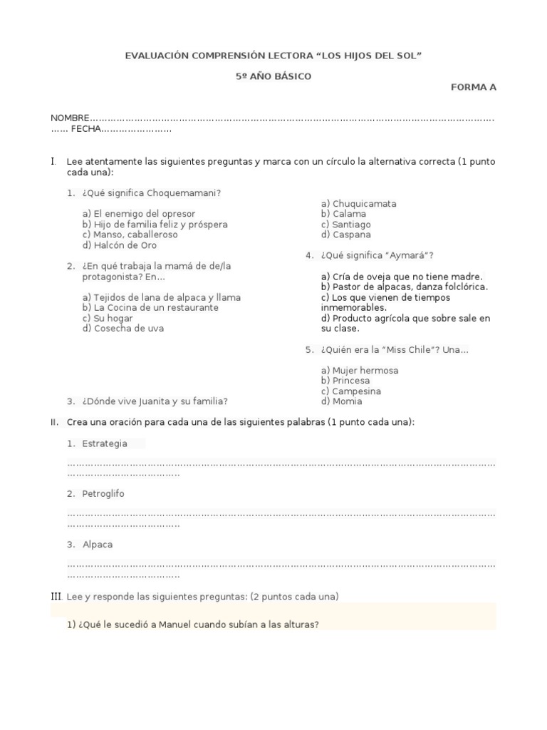 Evaluación "Los Hijos del Sol" 5º Básico | PDF | Ficción general