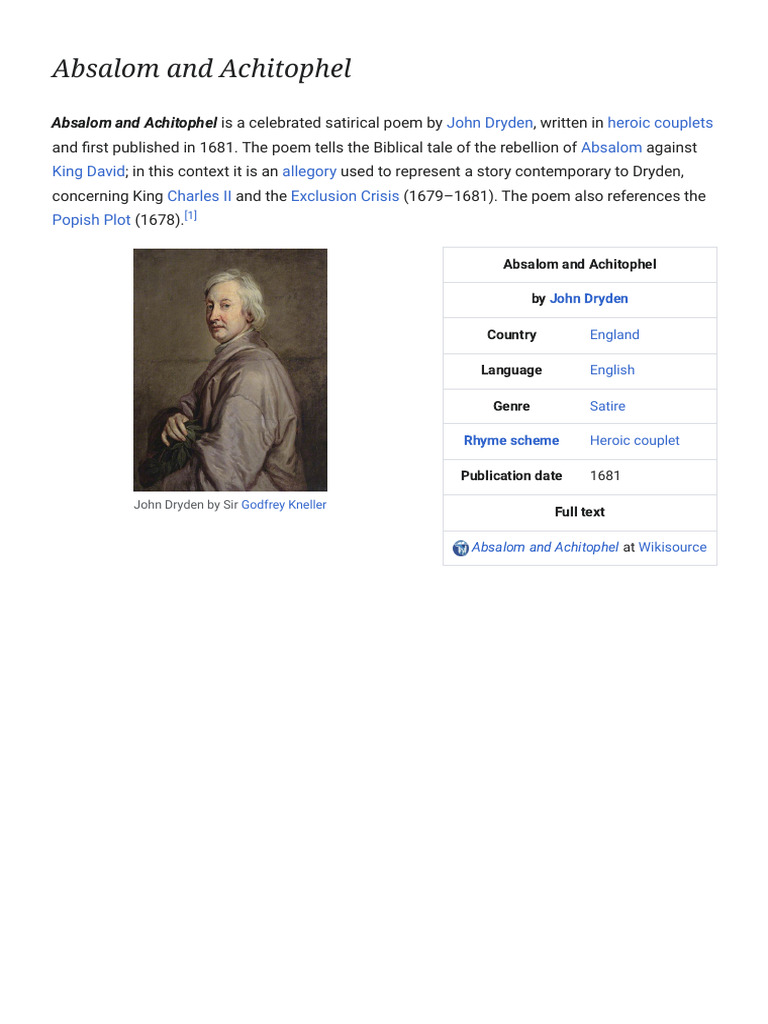 Absalom and Achitophel - Wikipedia | PDF