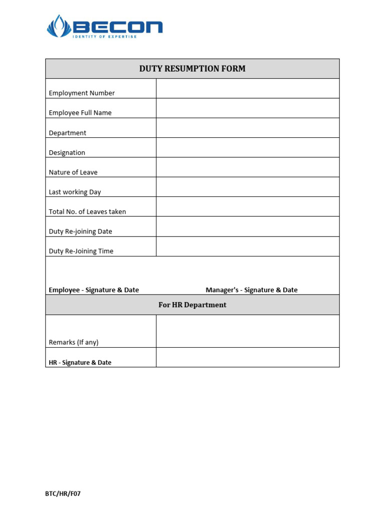 Duty Resumption Form | PDF