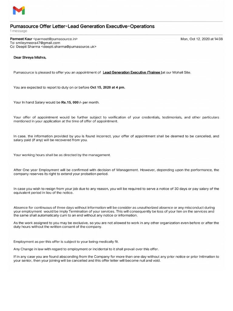 Gmail - Pumasource Offer Letter-Lead Generation Executive-Operations | PDF