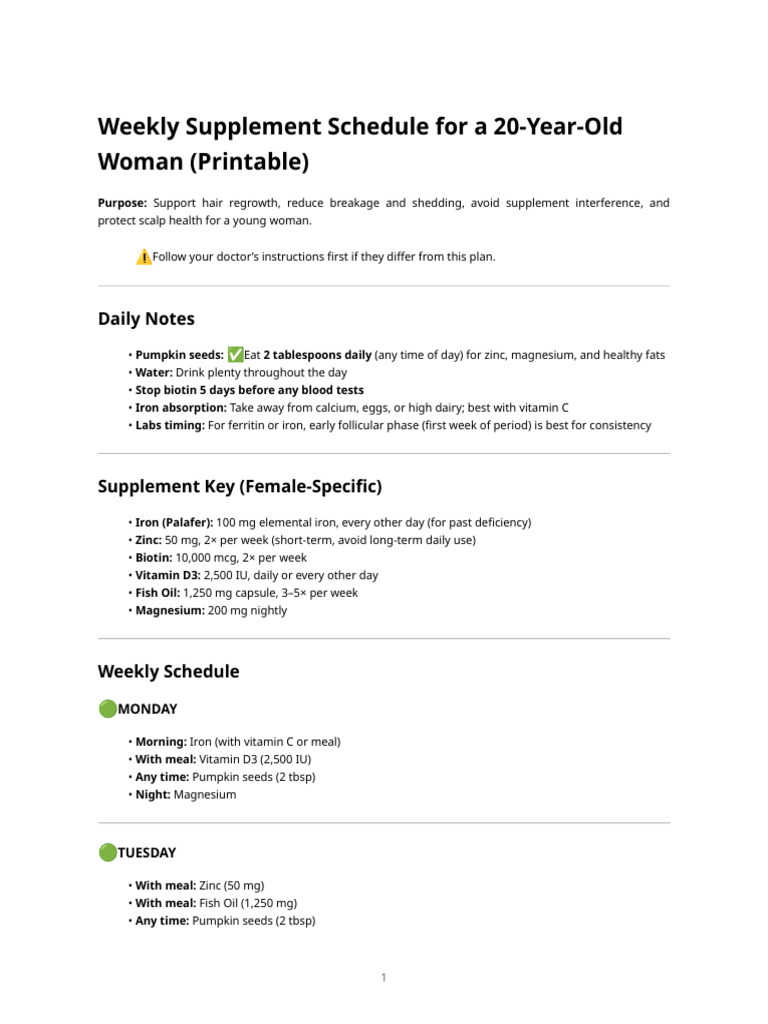Weekly Supplement Plan for 20-Year-Old Women | PDF | Magnesium ...