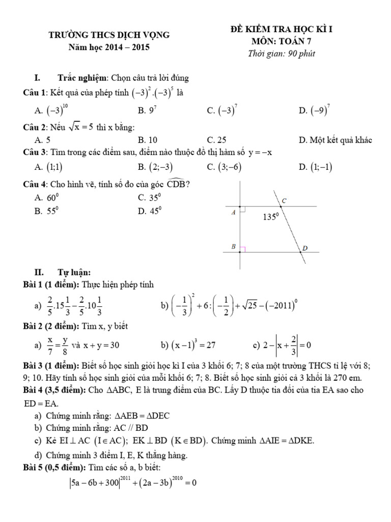 Toan 7 Hki THCS Dich Vong 2014 2015 | PDF