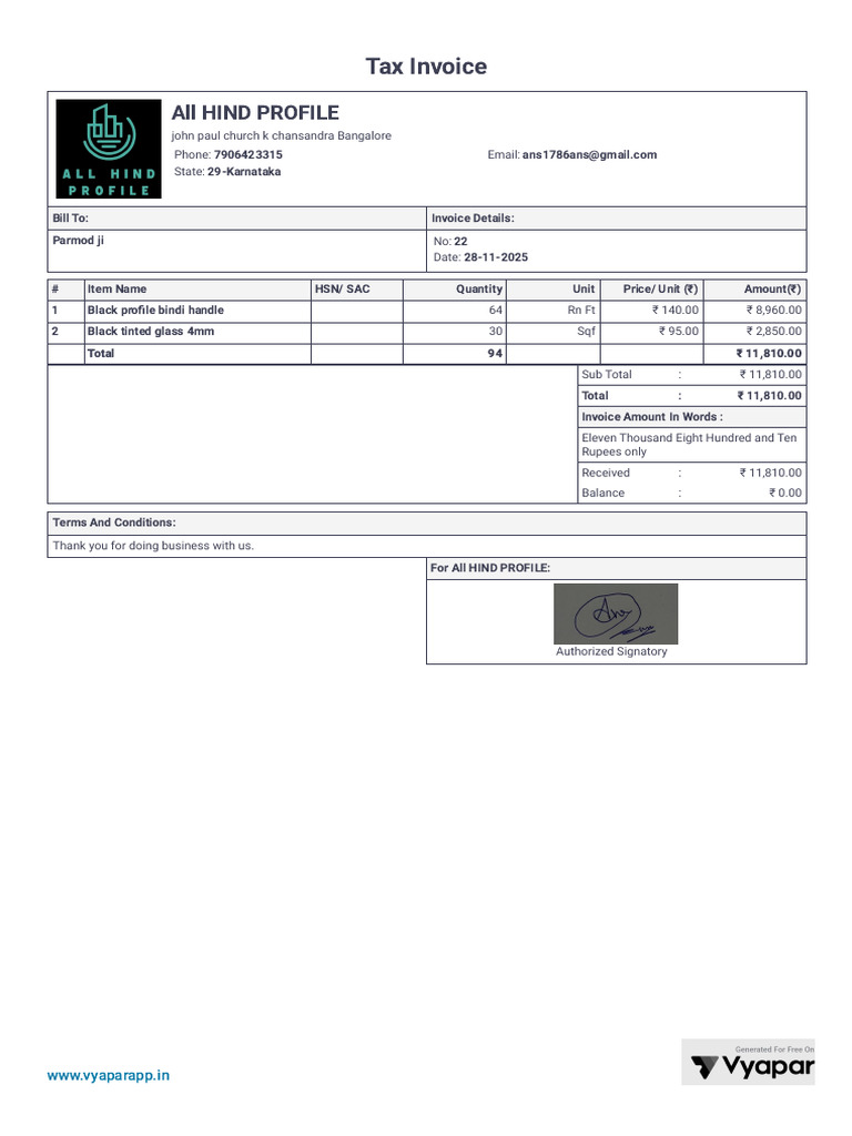 Tax Invoice for HIND PROFILE Purchase | PDF