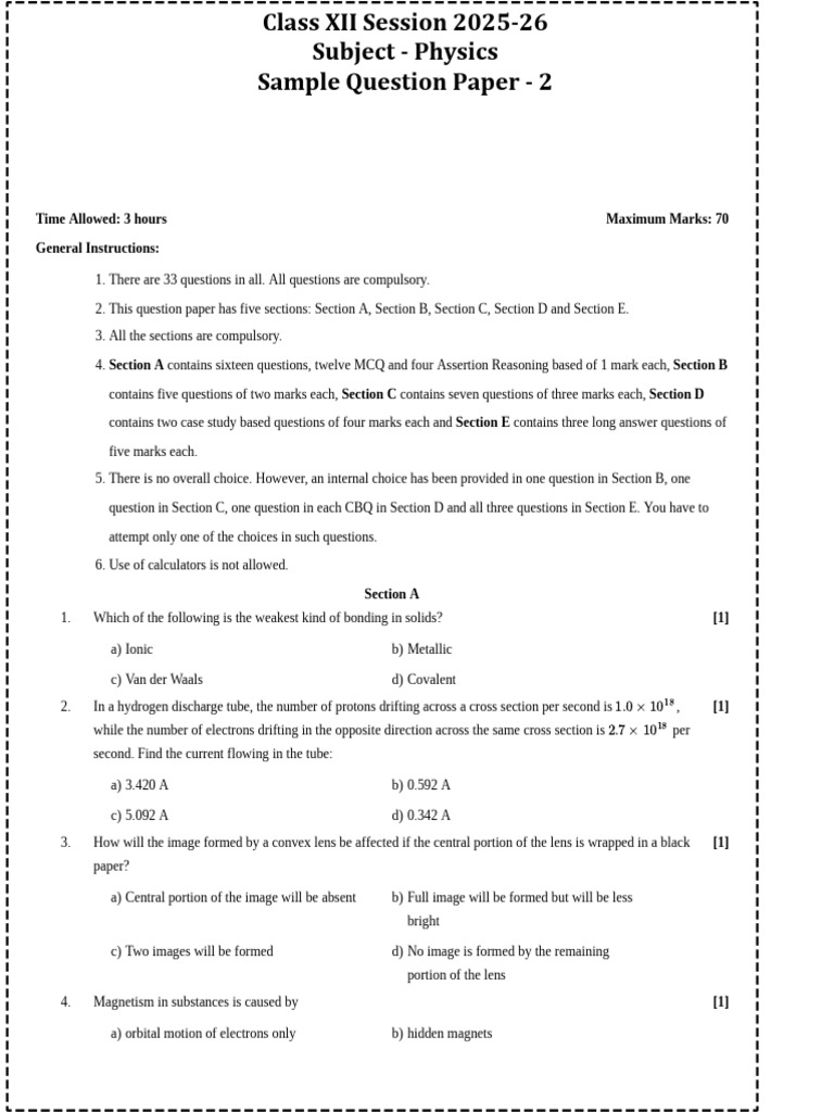 Class XII Physics Sample Question Paper | PDF | Permittivity | Speed Of ...