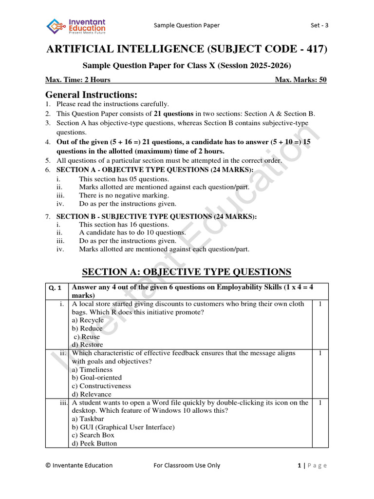 AI Class 10 SP Set 3 With Answer Key | PDF | Artificial Intelligence ...