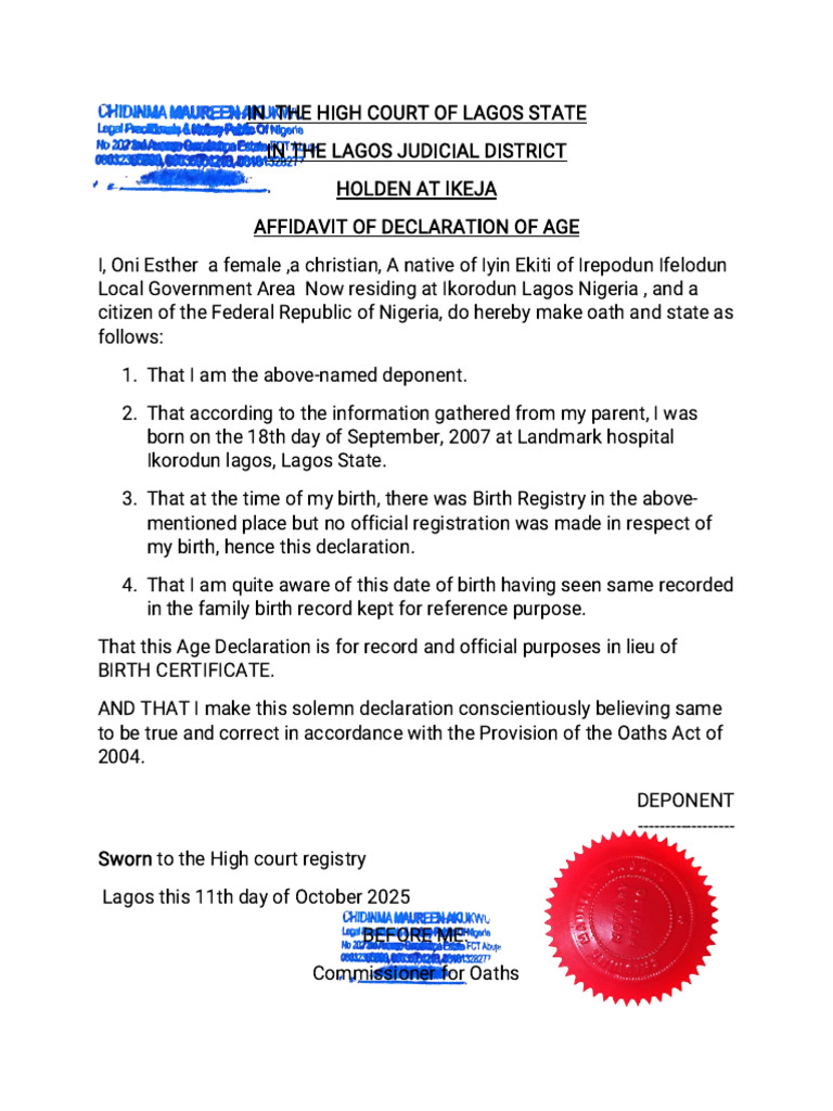 Affidavit of Declaration of Age | PDF