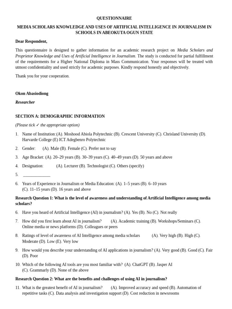 AI Journalism Questionnaire | PDF | Artificial Intelligence ...