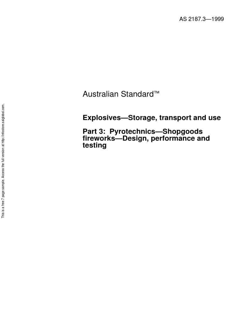 As 2187.3-1999 Explosives - Storage Transport and Use Pyrotechnics ...