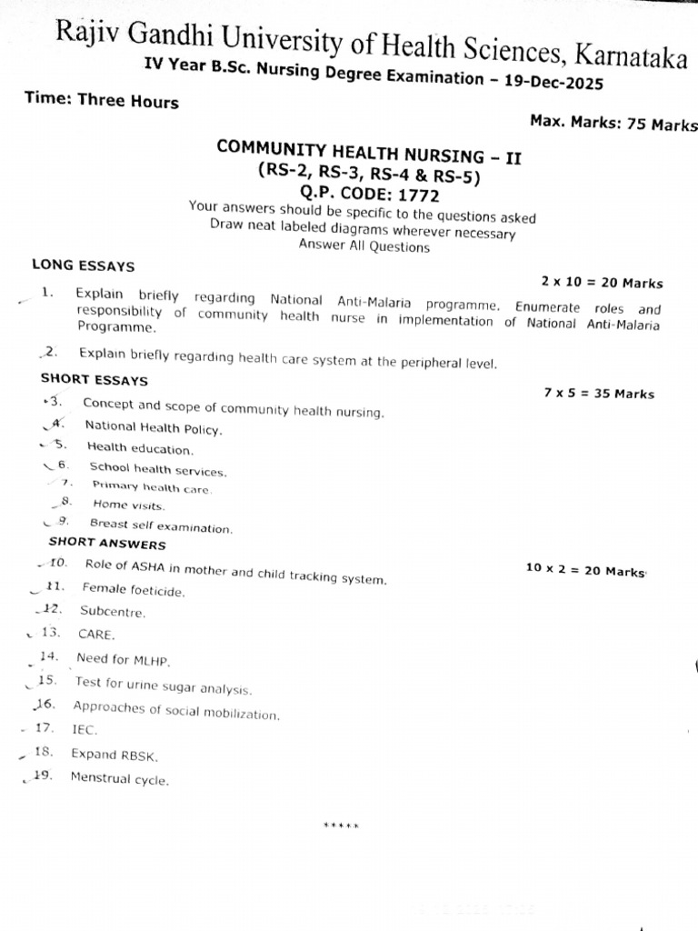 Community health nursing question paper 2025 | PDF