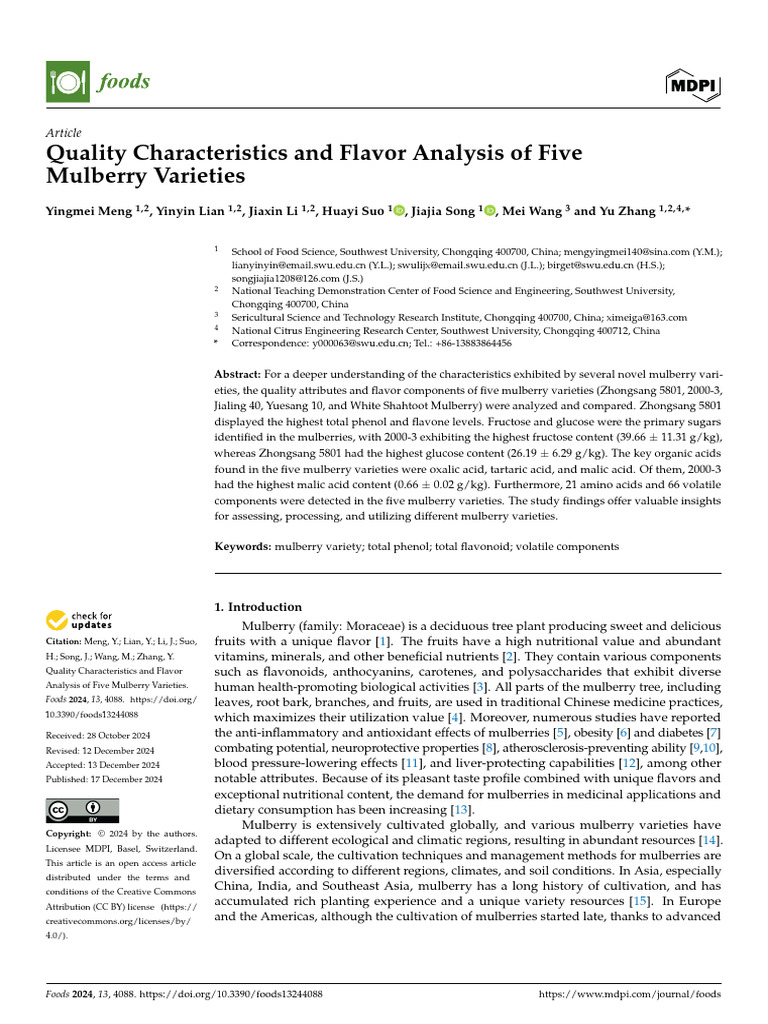 Quality Characteristics and Flavor Analysis of Five Mulberry Varieties ...