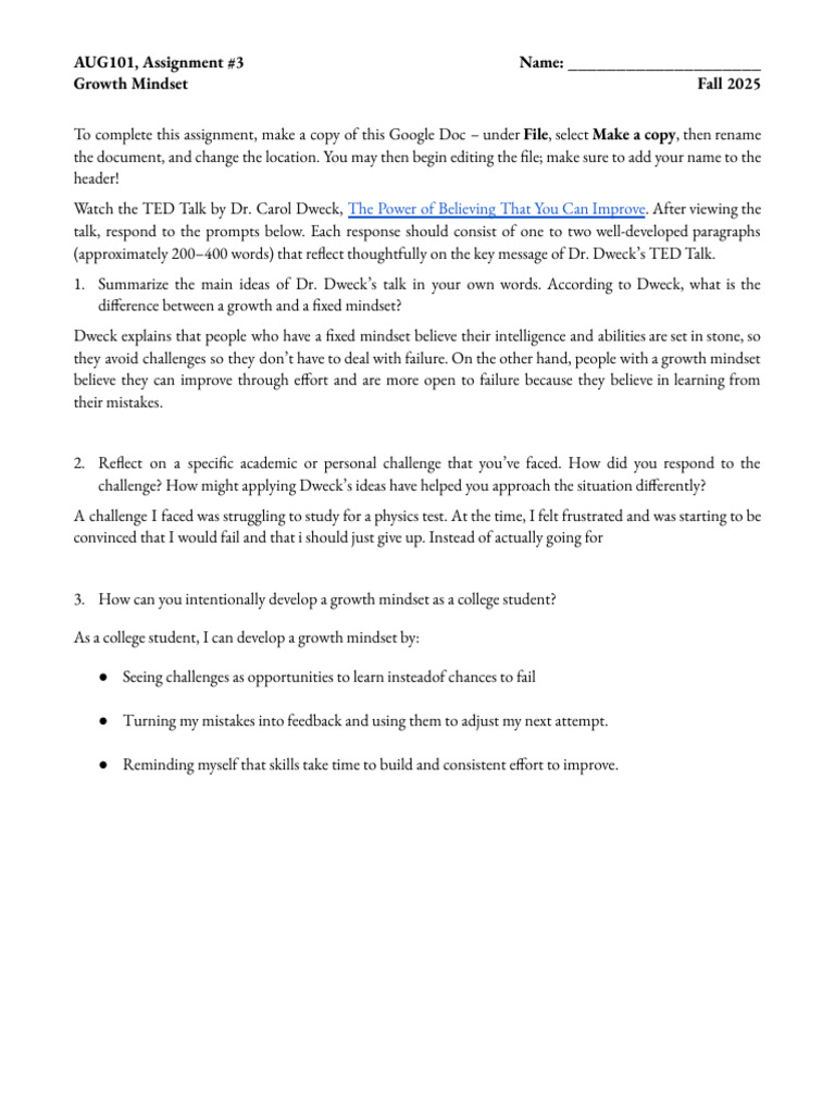 Growth Mindset Assignment Guide | PDF