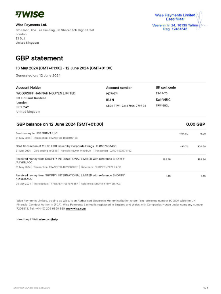 Wise Bank Statement Template GBP | PDF