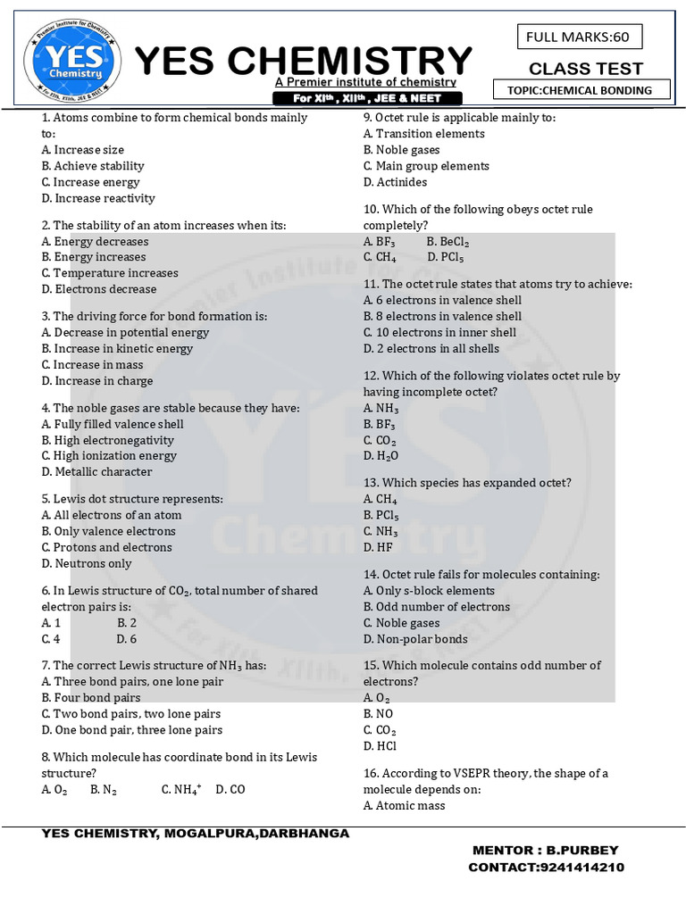 Chemical Bonding Test | PDF | Periodic Table | Chemical Bond
