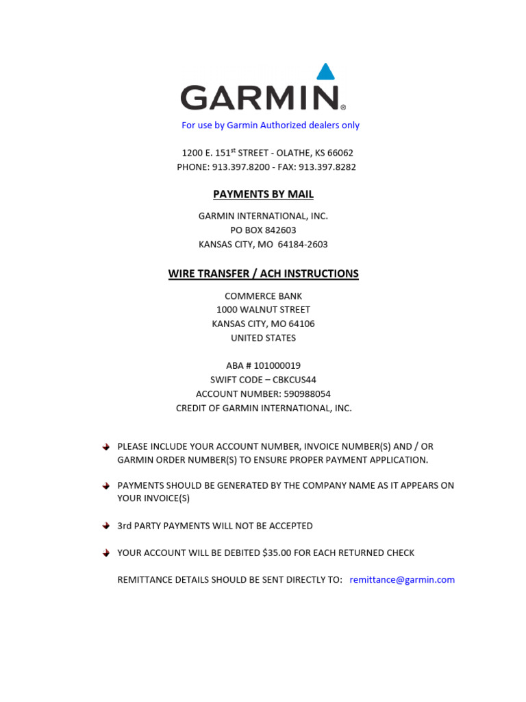 Garmin Dealer Payment Instructions | PDF
