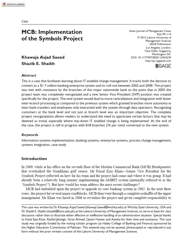 Saeed Shaikh 2012 MCB Implementation of The Symbols Project | PDF ...