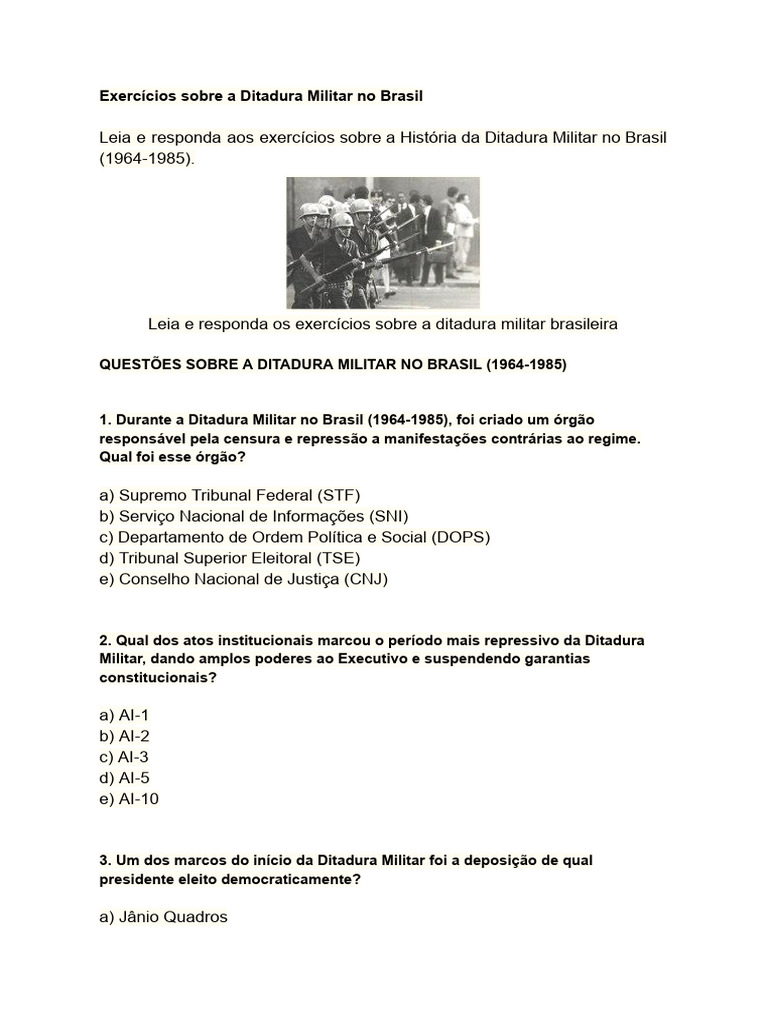 Exercícios Sobre A Ditadura Militar Pdf Governo Brasil