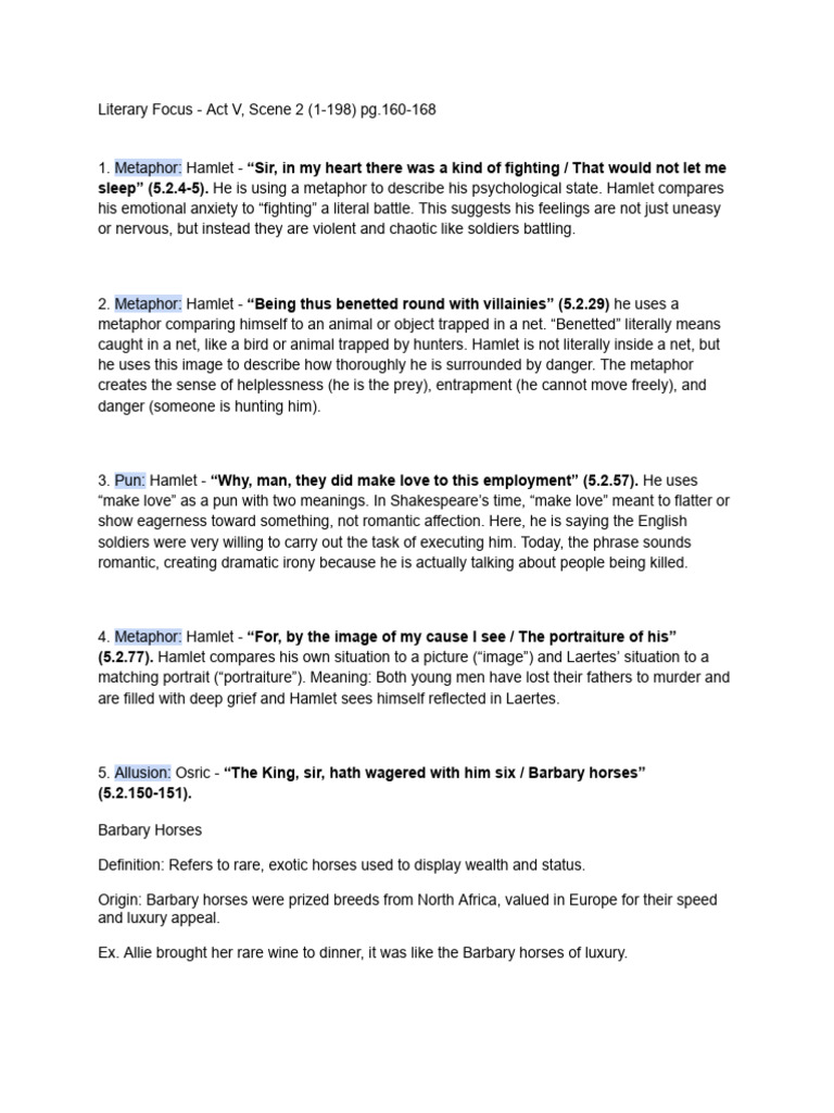Hamlet Act 5 Notes | PDF | Hamlet