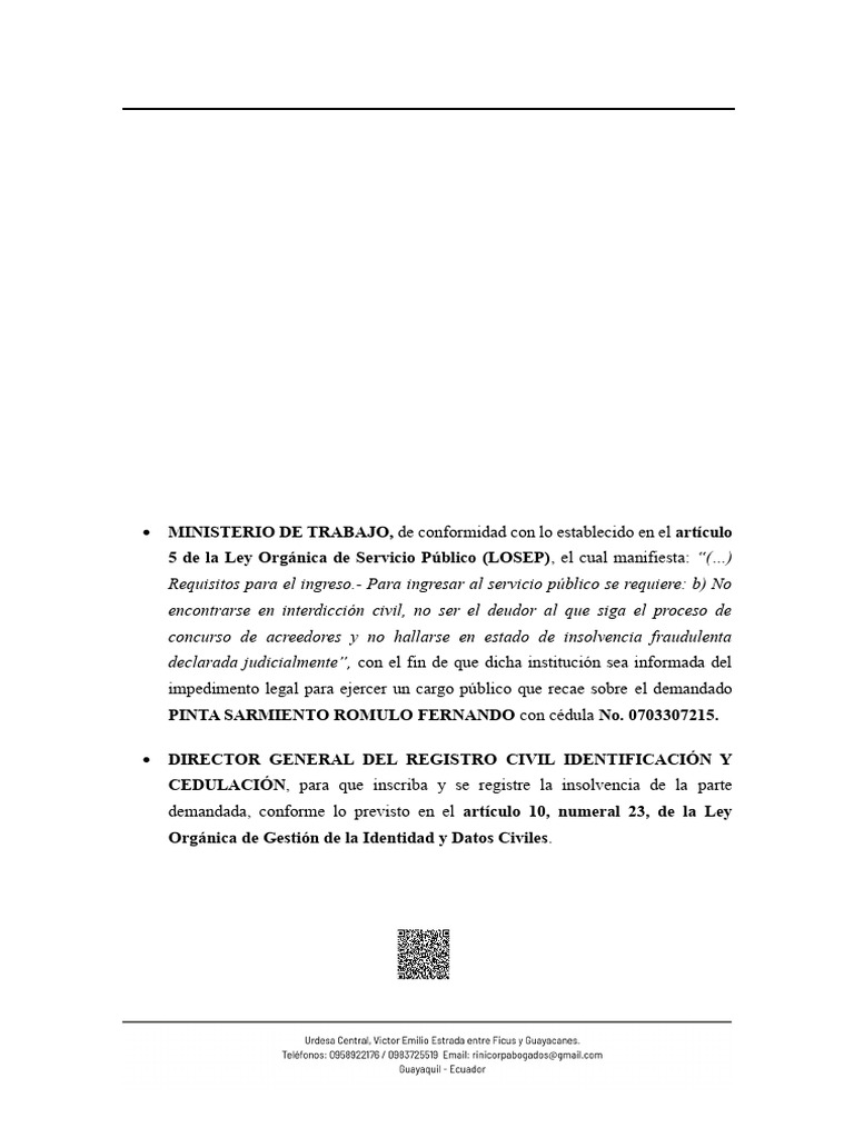 PINTA SARMIENTO ROMULO FERNANDO - Solicitud de Oficios Acreedores ...