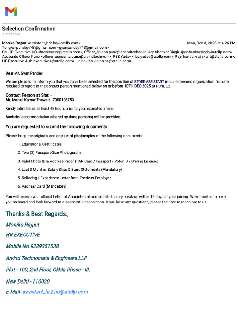 Store Assistant Selection Confirmation | PDF
