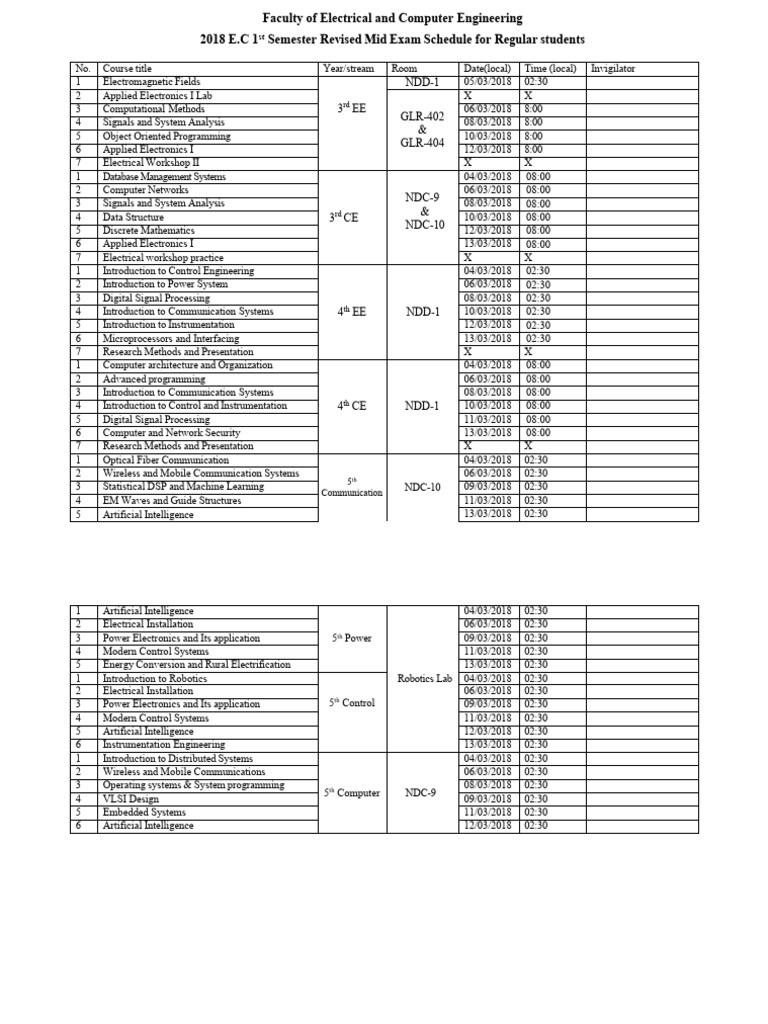 2018 E C 1st Semester Revised Mid Exam Schedule for Regular Students ...