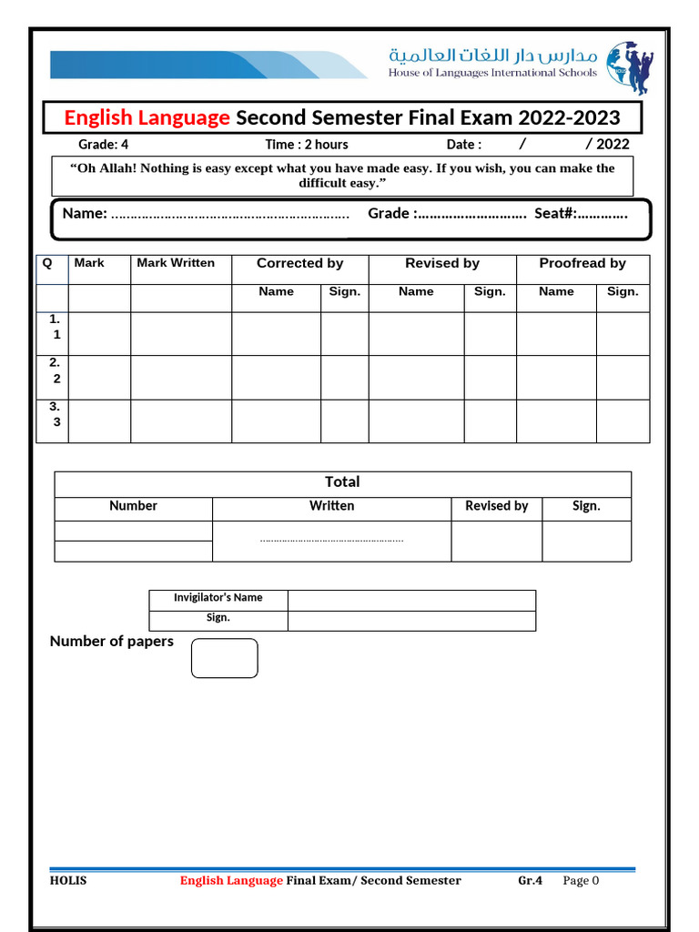 Grade 4 English Final Exam 2023 | PDF | Language Mechanics | Syntax