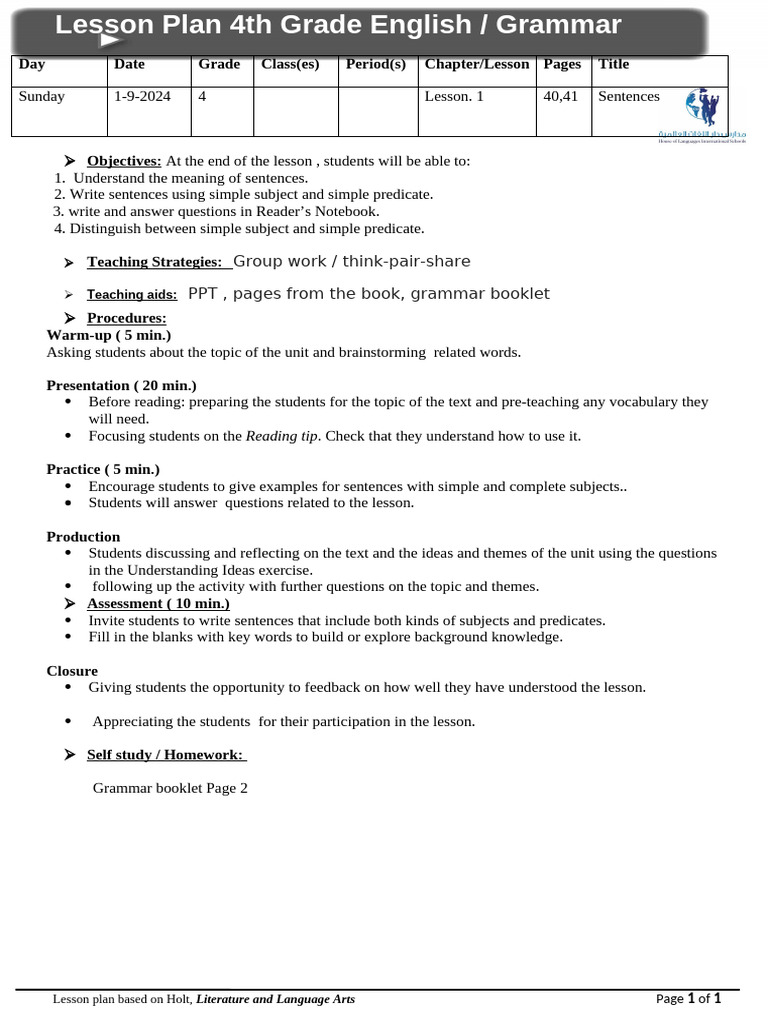 4th Grade English Grammar Lesson Plan | PDF