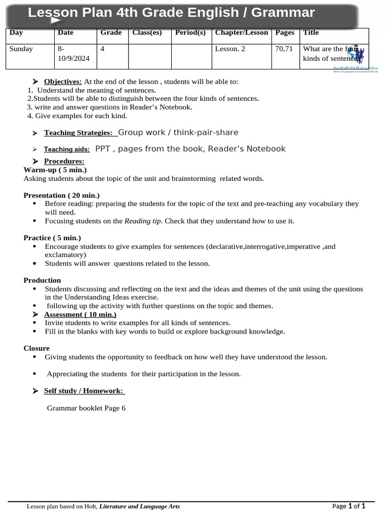 4th Grade Grammar: Types of Sentences | PDF