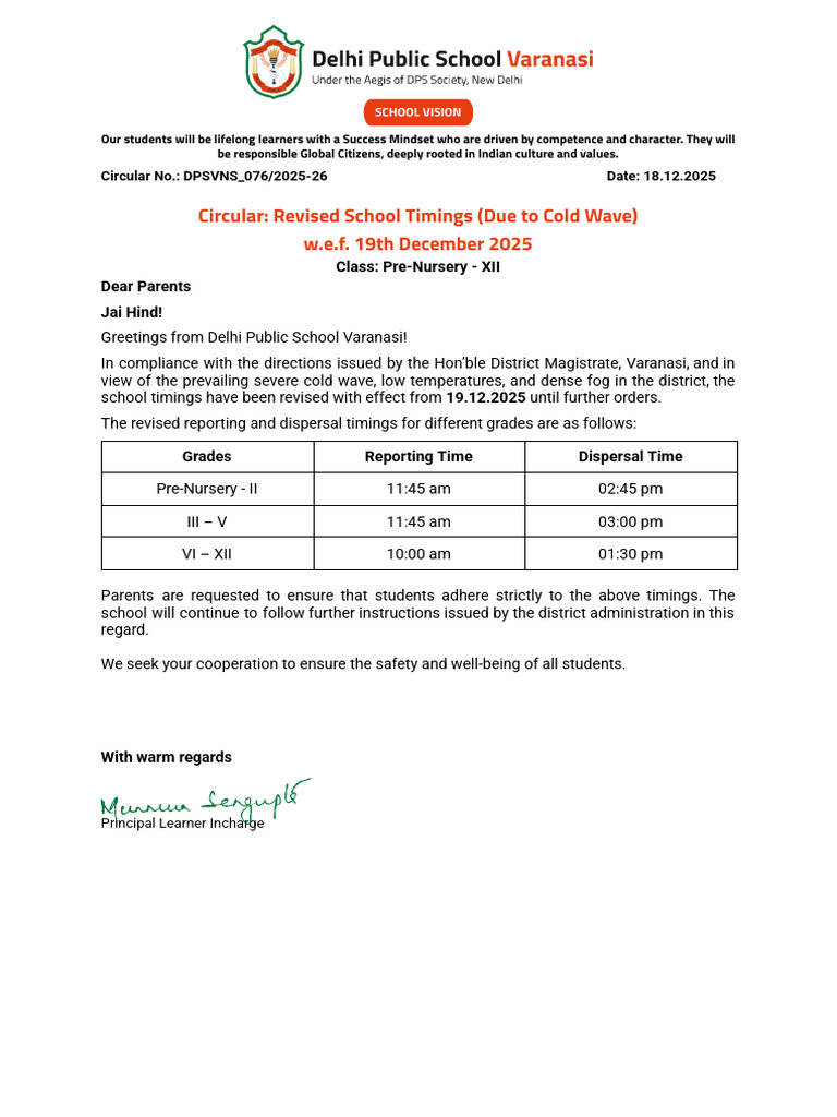 Circular - Revised School Timings (Due To Cold Wave) Wef. 19th Dec 2025 ...