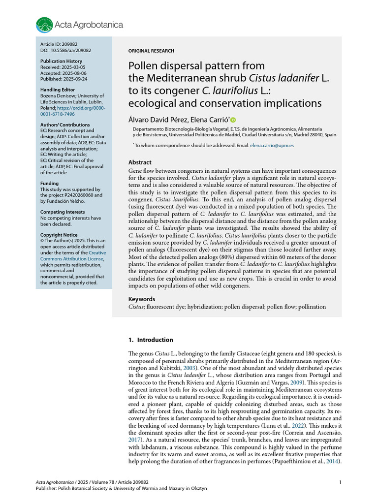 Pollen Dispersal in Cistus Species | PDF | Pollination | Flowers