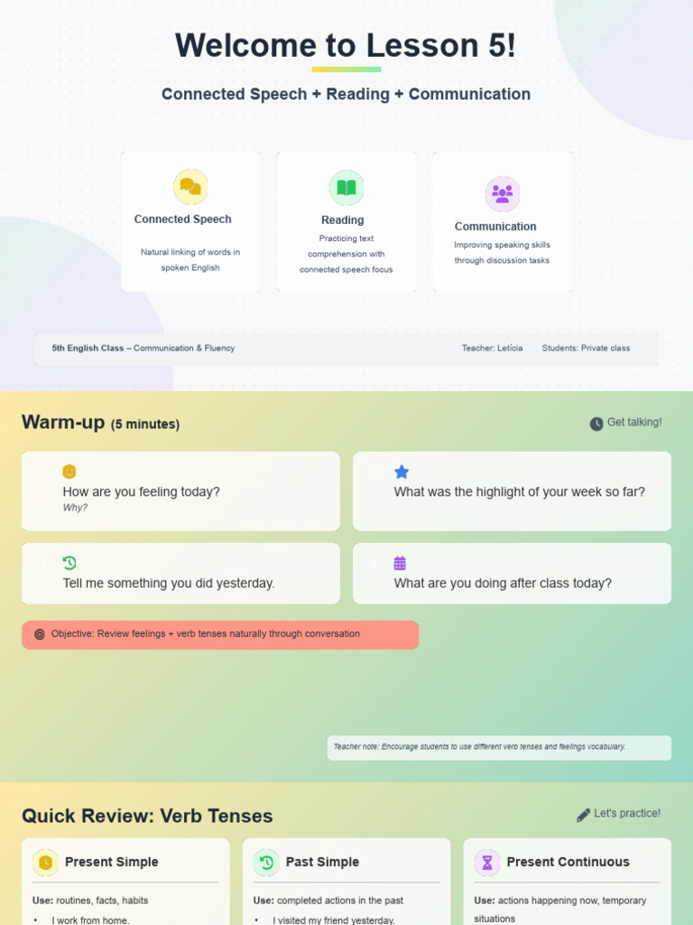 Lesson 5 - Connected Speech + Reading + Communication - Feelings | PDF ...