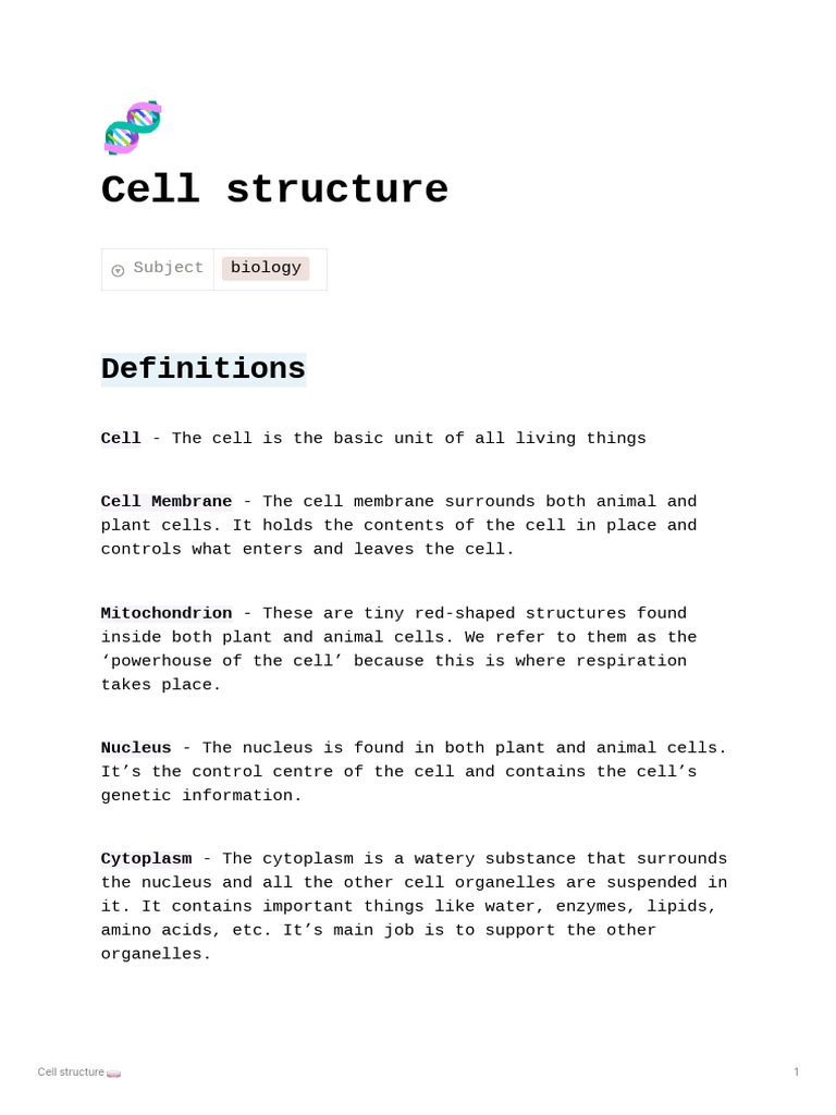 Cell Structure Definitions and Diagrams | PDF | Cell (Biology) | Organelle