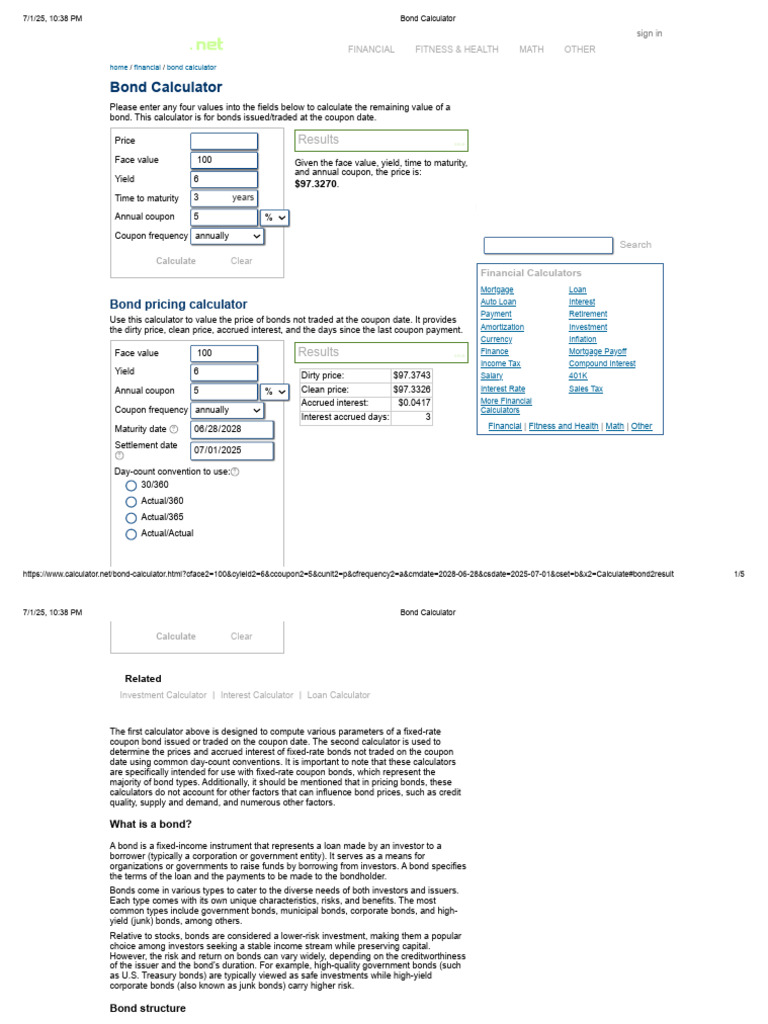 Bond Price and Yield Calculator | PDF | Bonds (Finance) | Yield (Finance)