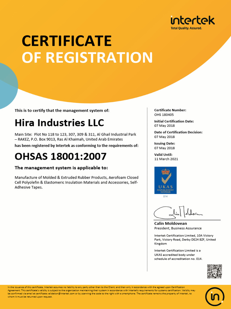 OHSAS 18001 2007 Certificate | PDF