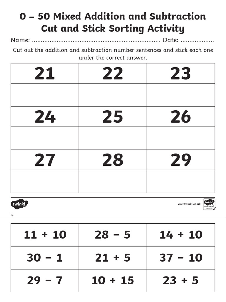 Cut and Stick Math Activity: 0-50 | PDF | Subtraction | Numbers