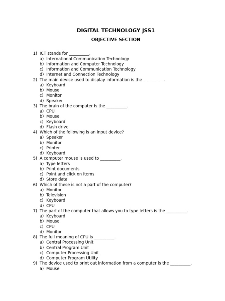 Digital Technology Basics for JSS1 | PDF