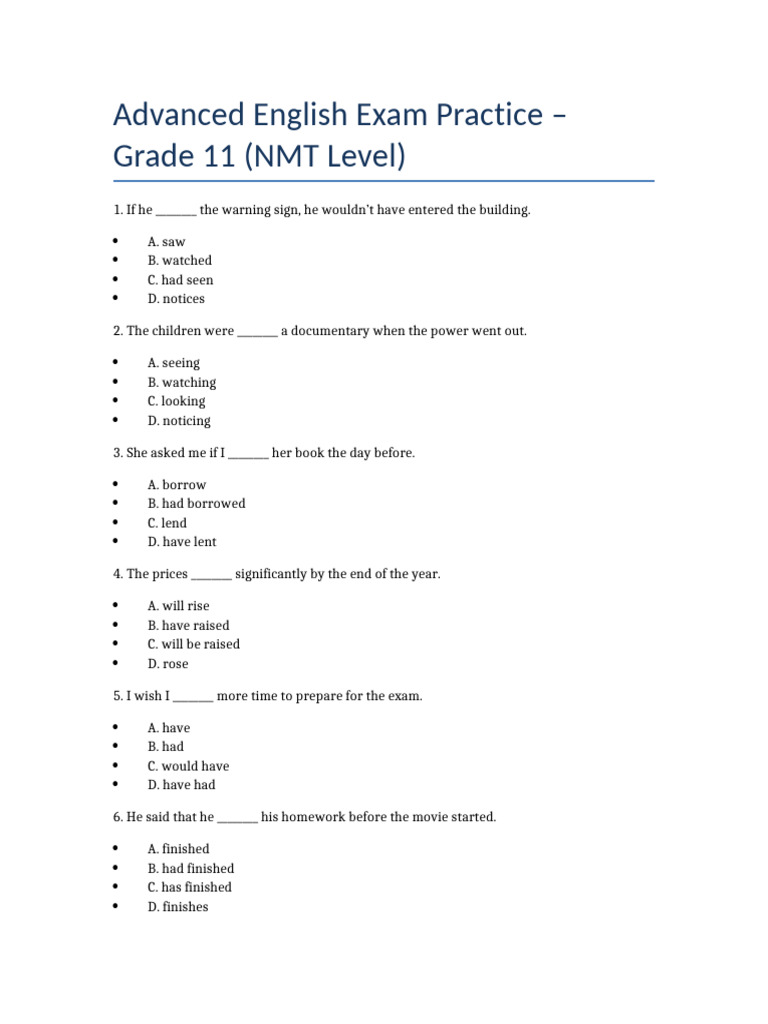 Grade 11 Advanced English Practice Exam | PDF