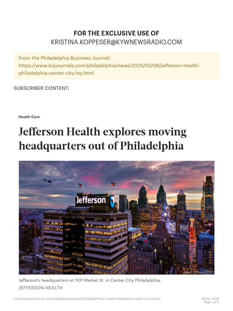 Jefferson Health Explores Moving Headquarters Out of Philadelphia ...