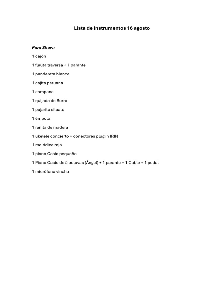 Lista de Instrumentos 16 Agosto | PDF | Instrumentos musicales