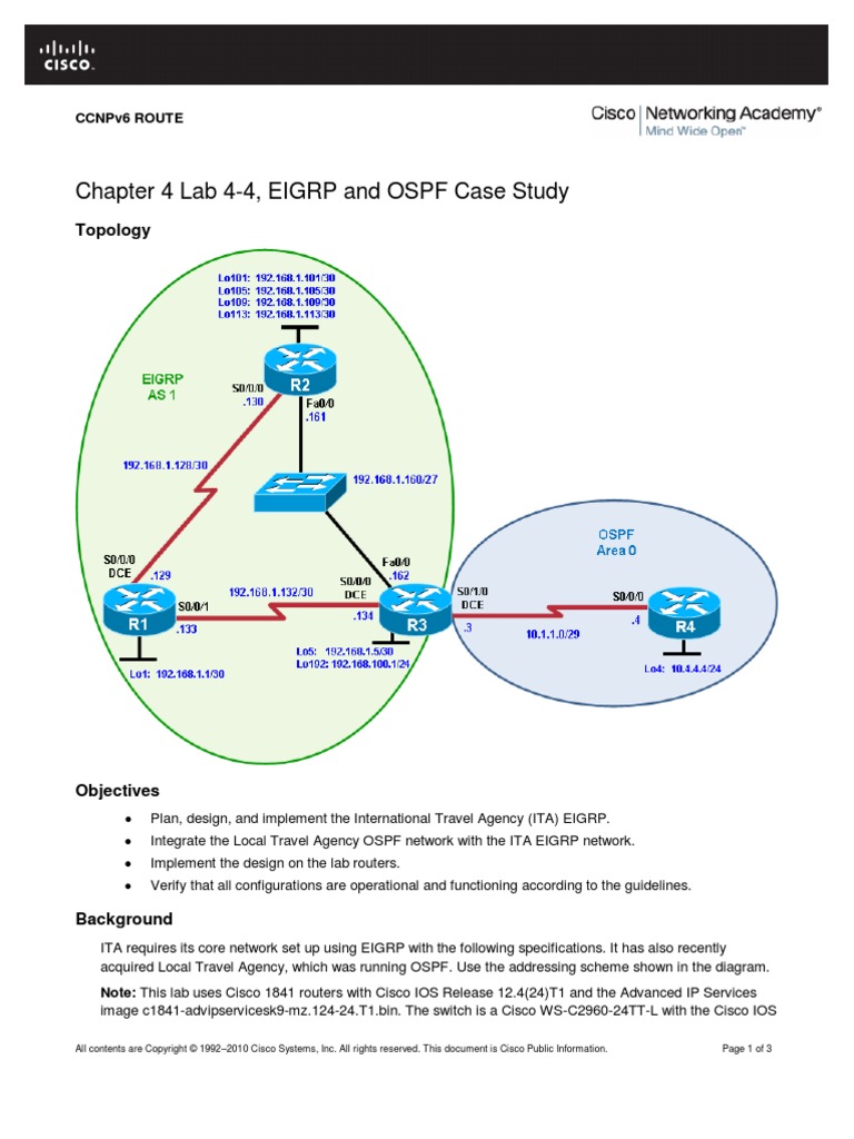 Ccnpv6 Route Lab4-4 Eigrp Ospf Case Study Student | PDF | Cisco Systems | Router (Computing)